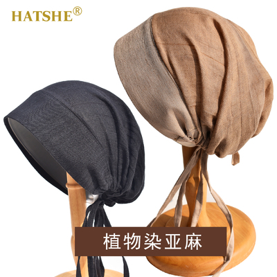 HATSHE设计师真丝亚麻系带头巾包头帽匠人工作束发帽遮白发半帽男