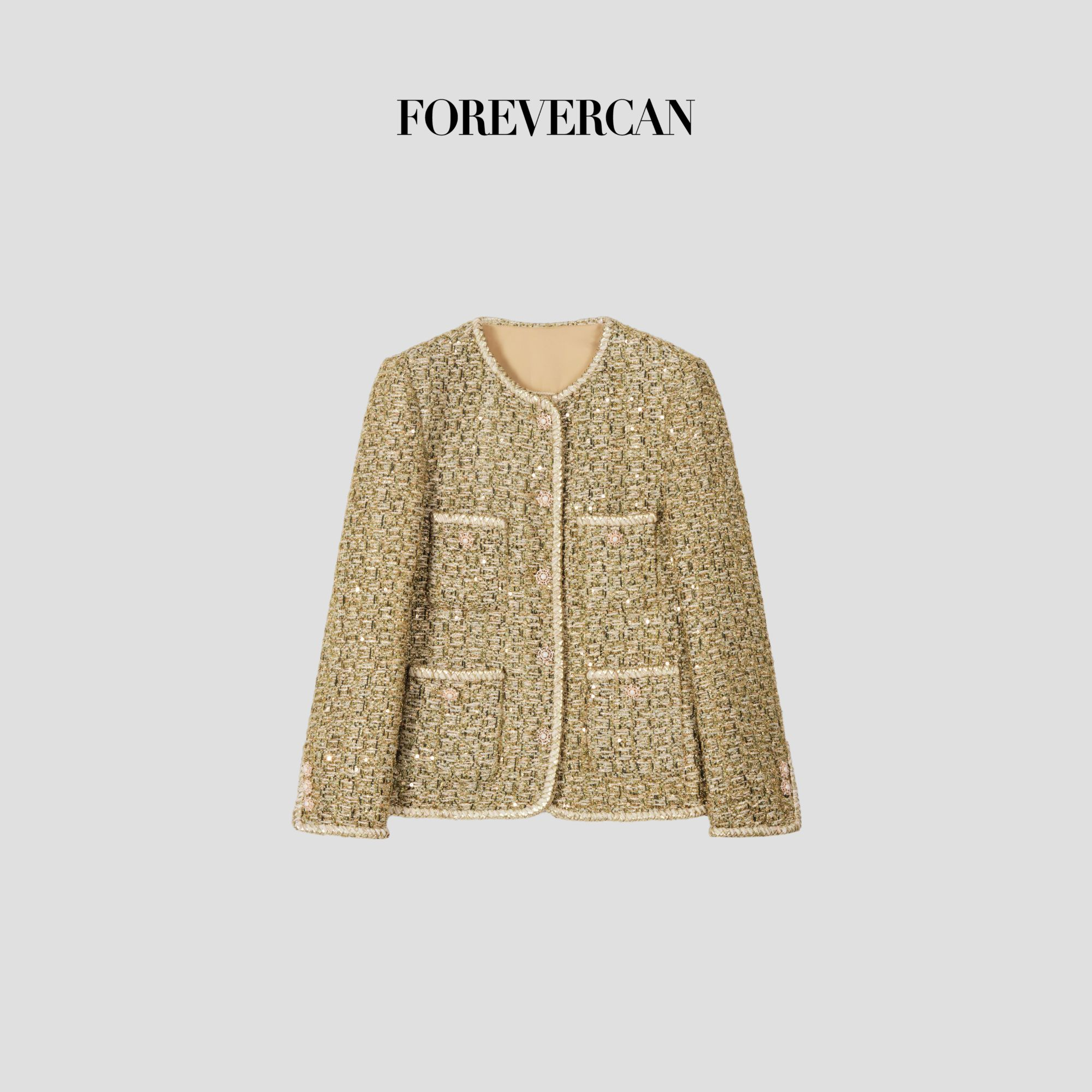 Forevercan女装春夏新款"日进斗金"linton手工织带粗花呢小香套装