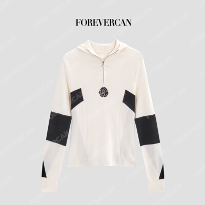 Forevercan女装“玫瑰印记”天丝羊毛软糯修身显瘦连帽针织上衣