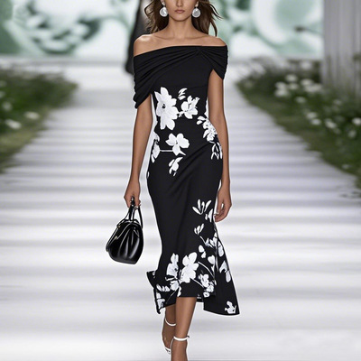 修身长款连衣裙女黑白花 Summer Maxi Dress Women Black Floral