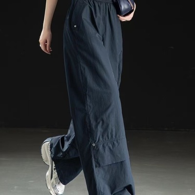 藏青色美式工装裤女裤夏秋季薄款冰丝垂坠感阔腿裤女宽松速干运动