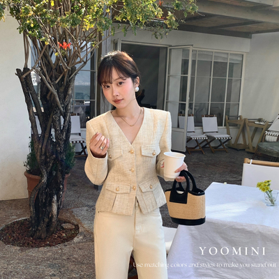 YOOMINI-26年早春织廓金律·v领H型修身金扣简约气质小香M60096-L