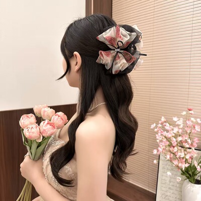 网纱碎花蝴蝶结泡泡抓夹女2026新款盘发鲨鱼夹发卡后脑勺头发夹子