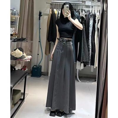 黑色长款伞裙长裙法式西装半身裙女秋季新款高腰显瘦大裙摆百褶裙