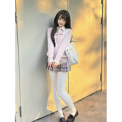 秋冬粉色针织开衫外套学院风校供叠穿基础款衬衫上衣百搭短裙一套