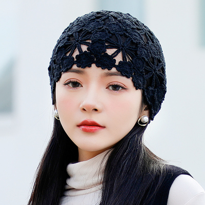 帽子女秋冬针织包头冷帽花朵毛线帽薄款镂空钩花月子头套新0104r