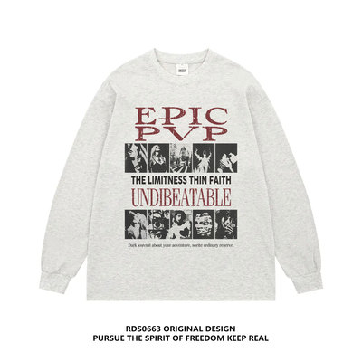 vintage圆领美式复古人像印花打底长袖潮男女