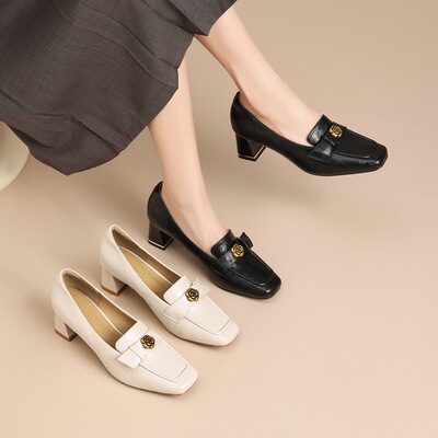 ZHR则则山茶花优雅浅口单鞋女2026新款时髦百搭复古方头粗跟单鞋