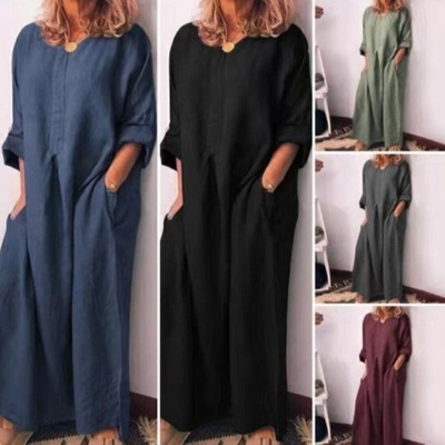 长裙宽松棉麻纯色长袖连衣裙