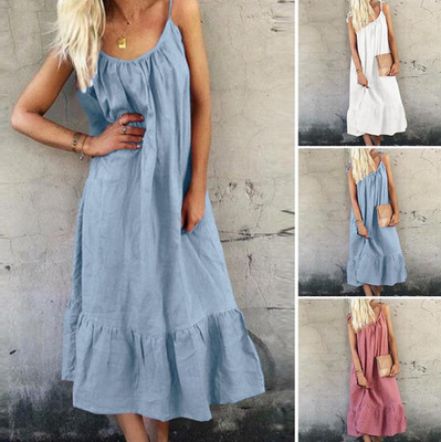 棉麻吊带纯色荷叶连衣裙长裙