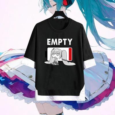 初音联名未来短袖假两件电量耗尽创意男女纯棉半袖二次元痛衣青年