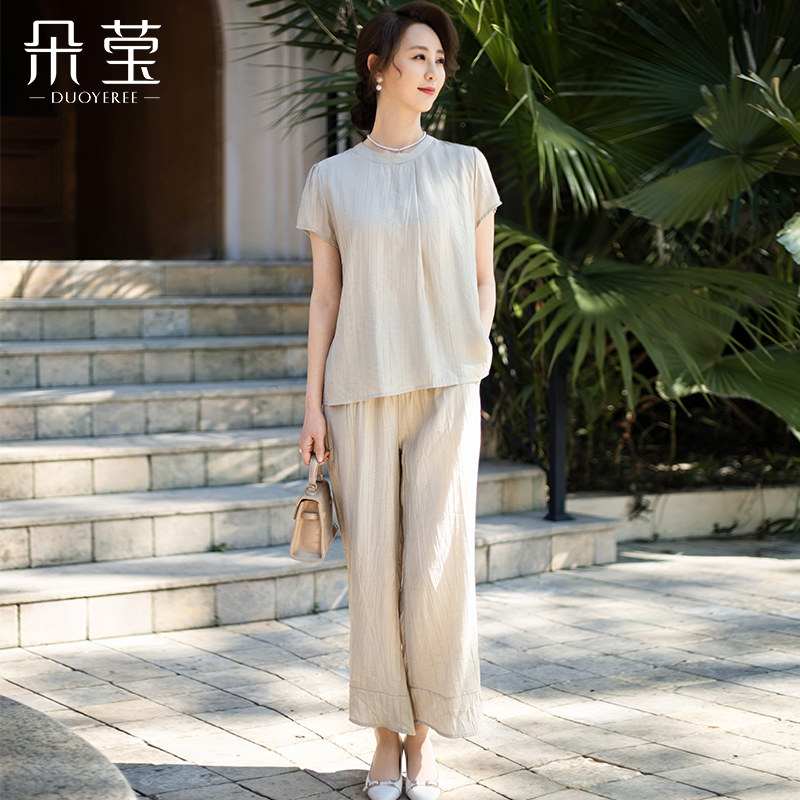 妈妈夏装洋气短袖小衫中年女装休闲时尚套装中老年宽松纯色两件套