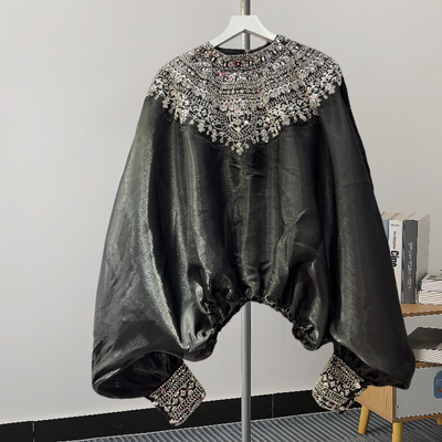 高腰型韩版套头长袖重工钉珠衬衫