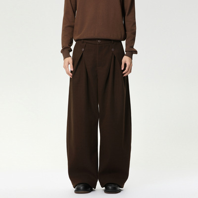 复古拼接褶皱毛呢A字西裤百搭休