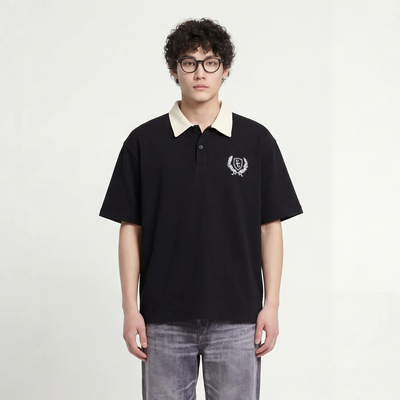 撞色领徽章短袖T恤Polo衫夏季