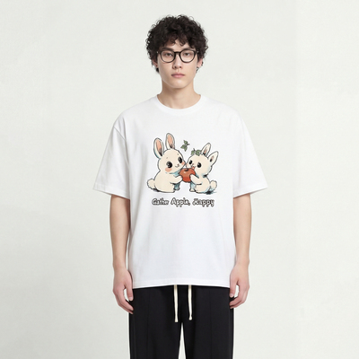 双兔抱苹果短袖宽松休闲圆领T恤