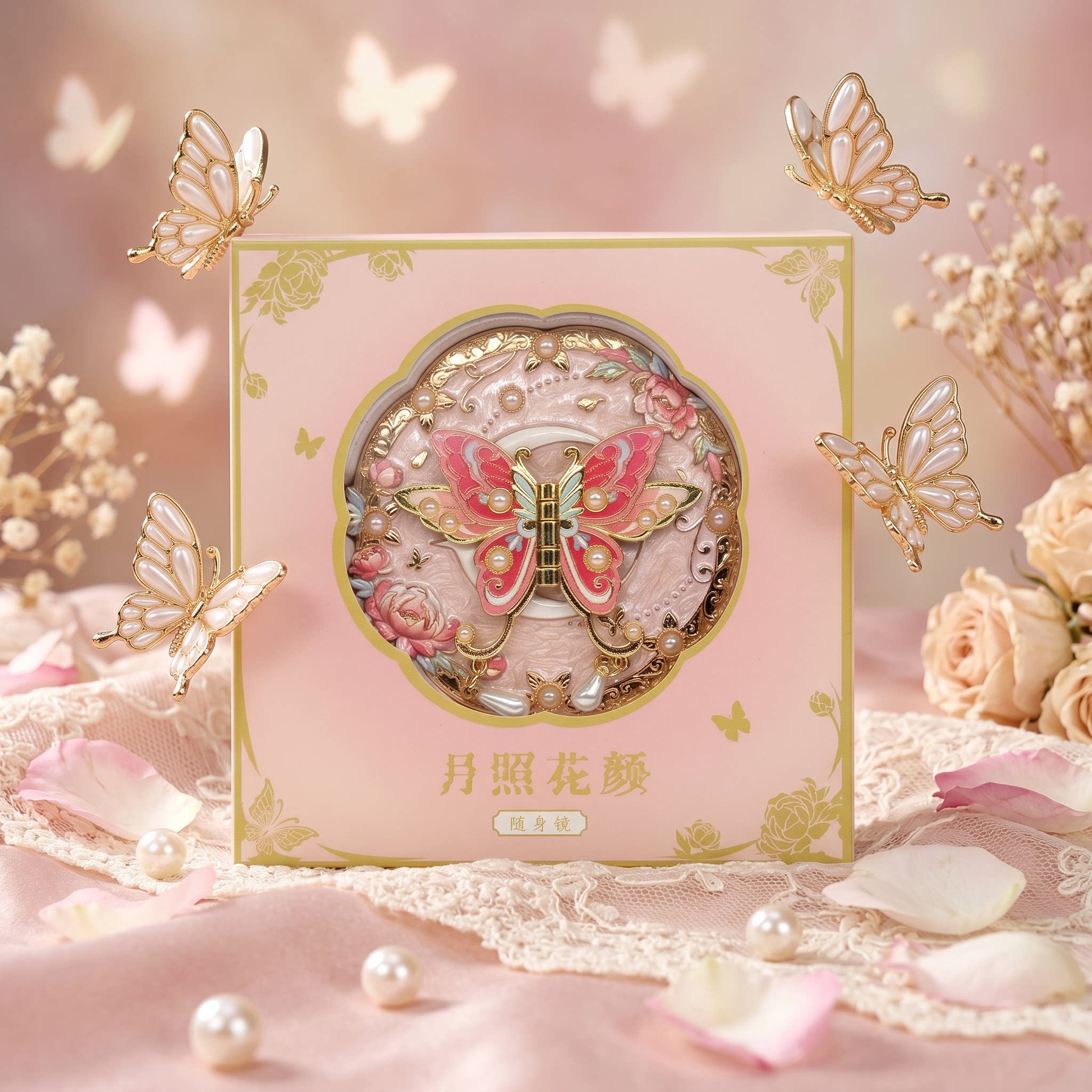 故宫月照花颜镜丨粉色蝴蝶随身珠光镜化妆送礼金属创意礼物文创