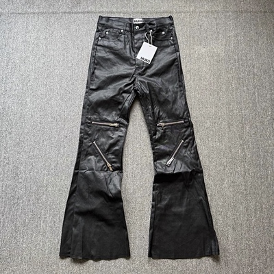 膝盖多拉链涂层刷蜡微喇牛仔裤男