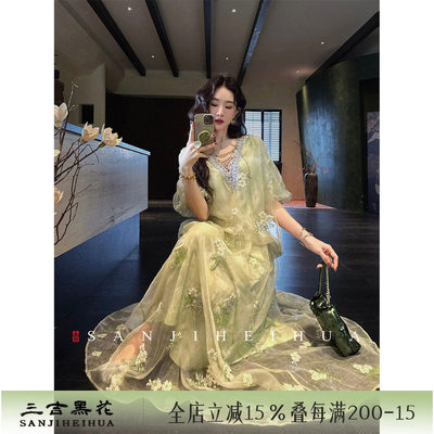 【芊芊粉丝专享】三吉黑花【夏萤】新中式珠绣织金连衣裙子