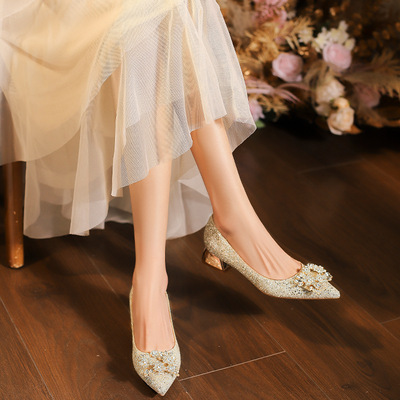 C355A-103韩版宴会女鞋低跟鞋粗跟浅口尖头蝴蝶结单鞋婚鞋34-43