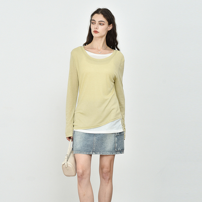 JWSZ 假两件拼接撞色长袖T恤女设计感小众打底衫上衣