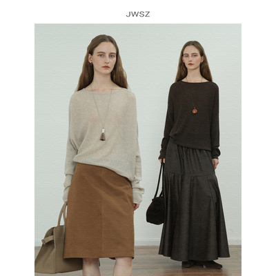 JWSZ 设计感不对称羊毛混纺慵懒斜下摆一字领随性松身针织衫