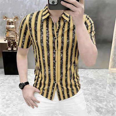 夏季冰丝竖条纹男士短袖衬衫