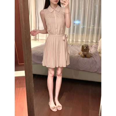 醋酸蕾丝少女百褶无袖衬衫连衣裙
