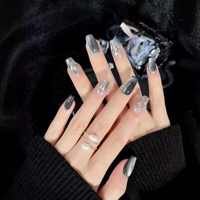 Black Silver Cat Eye Coffin Press On Nails