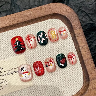 Cute Xmas Tree Candy Cane Gift False Press On Nails