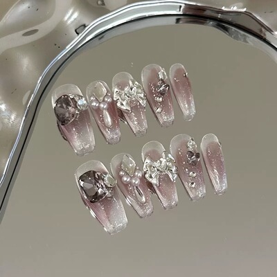 Pink Ombre Bow Rhinestone Press On Nails Pearl False Nails