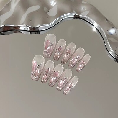 Pink Butterfly Rhinestone Handmade Press On Nails