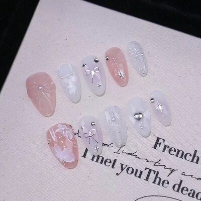 Handmade Pink Floral Bow Pearl Press On Fake Nails