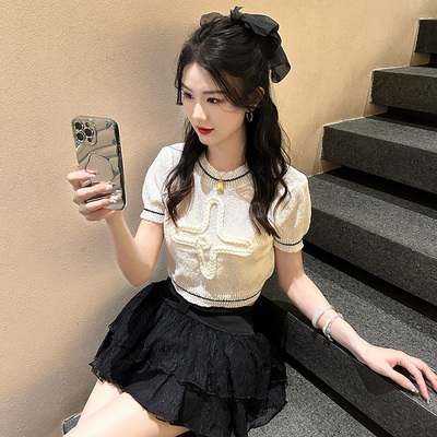 美式纯欲小香风又甜又辣针织短袖女夏设计感小众露脐辣妹短款上衣