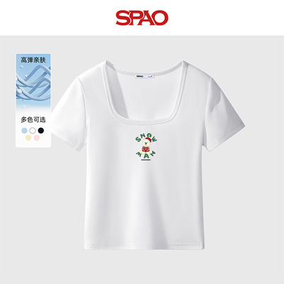 SPAO夏季短款T恤女方领正肩修身显瘦绿字白狗印花可爱休闲上衣B