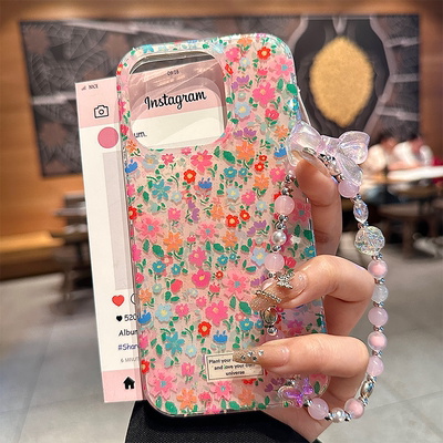 粉色小碎花带手链ins风适用苹果16promax手机壳新款iphone13保护套16pro高级感小清新15全包防摔14pro简约女