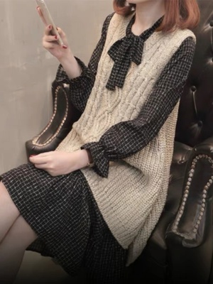 大码女装胖妹妹遮肚显瘦连衣裙女秋冬洋气减龄微胖穿搭两件套装裙