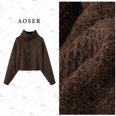 AOSER立领纯色宽松毛衣开衫女装