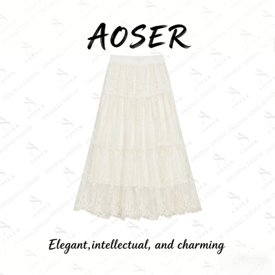AOSER新款时尚百搭法式温柔风气质加厚三层半身裙女装蕾丝2612