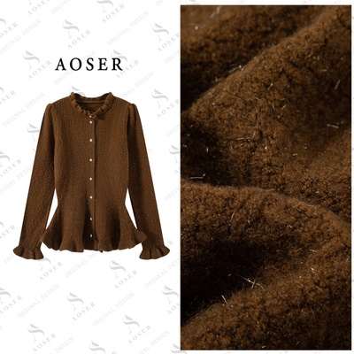 AOSER 法式立领木耳边开衫毛衣女泡泡袖收腰显瘦针织衫25120