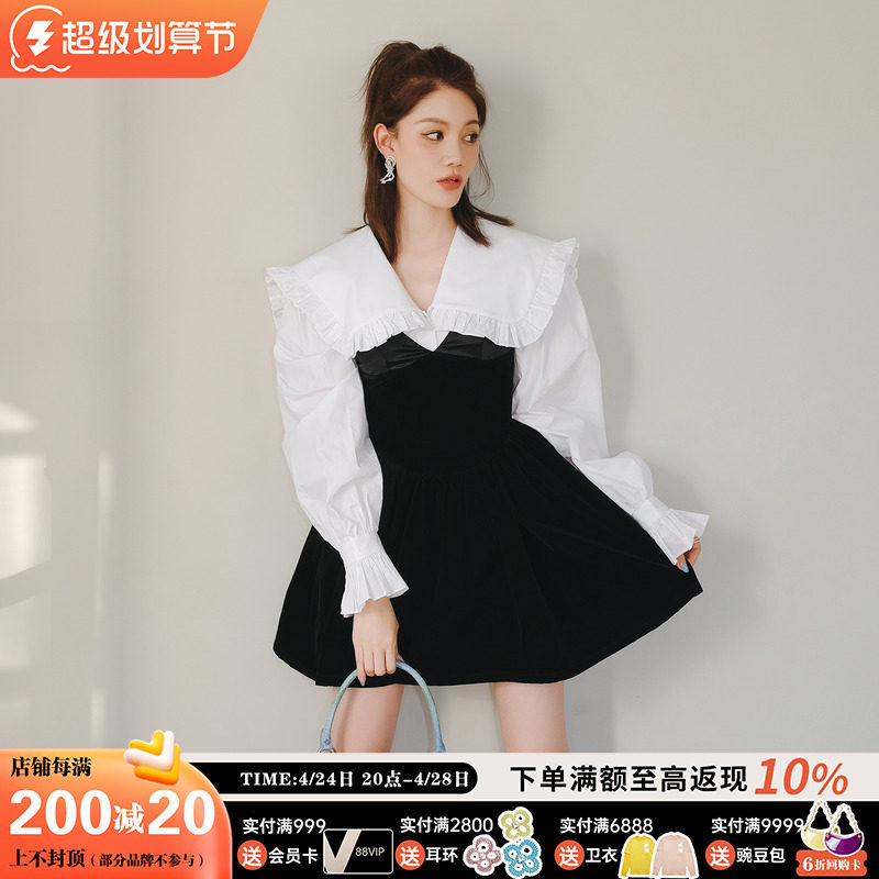 CHENSHOP设计师品牌ESTER HSU娃娃领荷叶边袖衬衫半裙V领小黑裙_虎窝淘