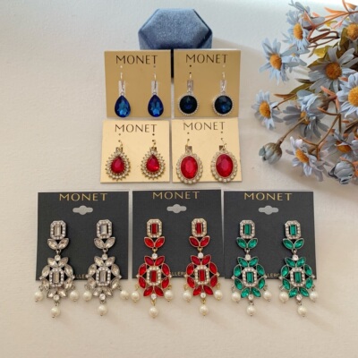 外贸品牌MONET莫奈库存耳环钉璀璨彩色玻璃钻中古宫廷风复古耳饰8