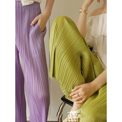 三宅时尚褶皱阔腿裤女2025夏季新款复古休闲宽松大码薄款冰丝裤子