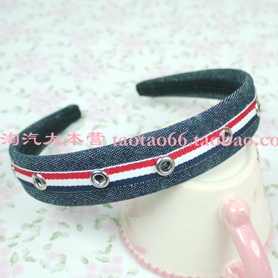 欧美风红白色条纹铆钉宽边发卡