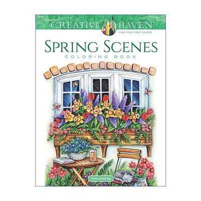 英文原版 Creative Haven Spring Scenes Coloring Book 创意保护区 春天的景色 填色涂色书 鲜花 乡村 城市 减压 休闲娱乐 英文版