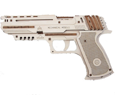 乌克兰ugear同款木质机械传动模型手枪以上连发皮筋儿童枪玩具