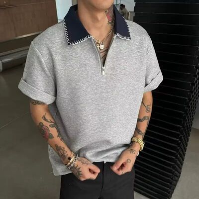 OXF手工编织线」撞色领半拉链短袖polo衫男宽松通勤翻领t恤