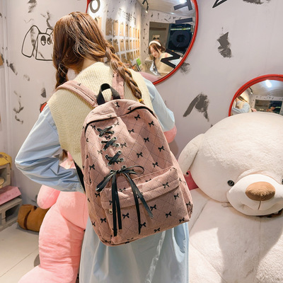 ins灯芯绒双肩包学生书包初高中背包蝴蝶结绑带批发轻便