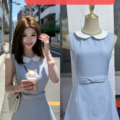 JMSHOP 温莎小姐 TR斜纹西装料娃娃领连衣裙A字无袖背心裙