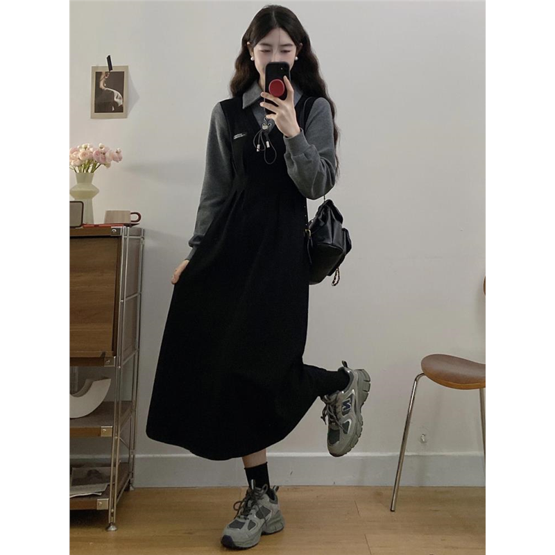 法式复古假两件拼接长袖连衣裙女秋冬大码胖mm显瘦设计感内搭长裙